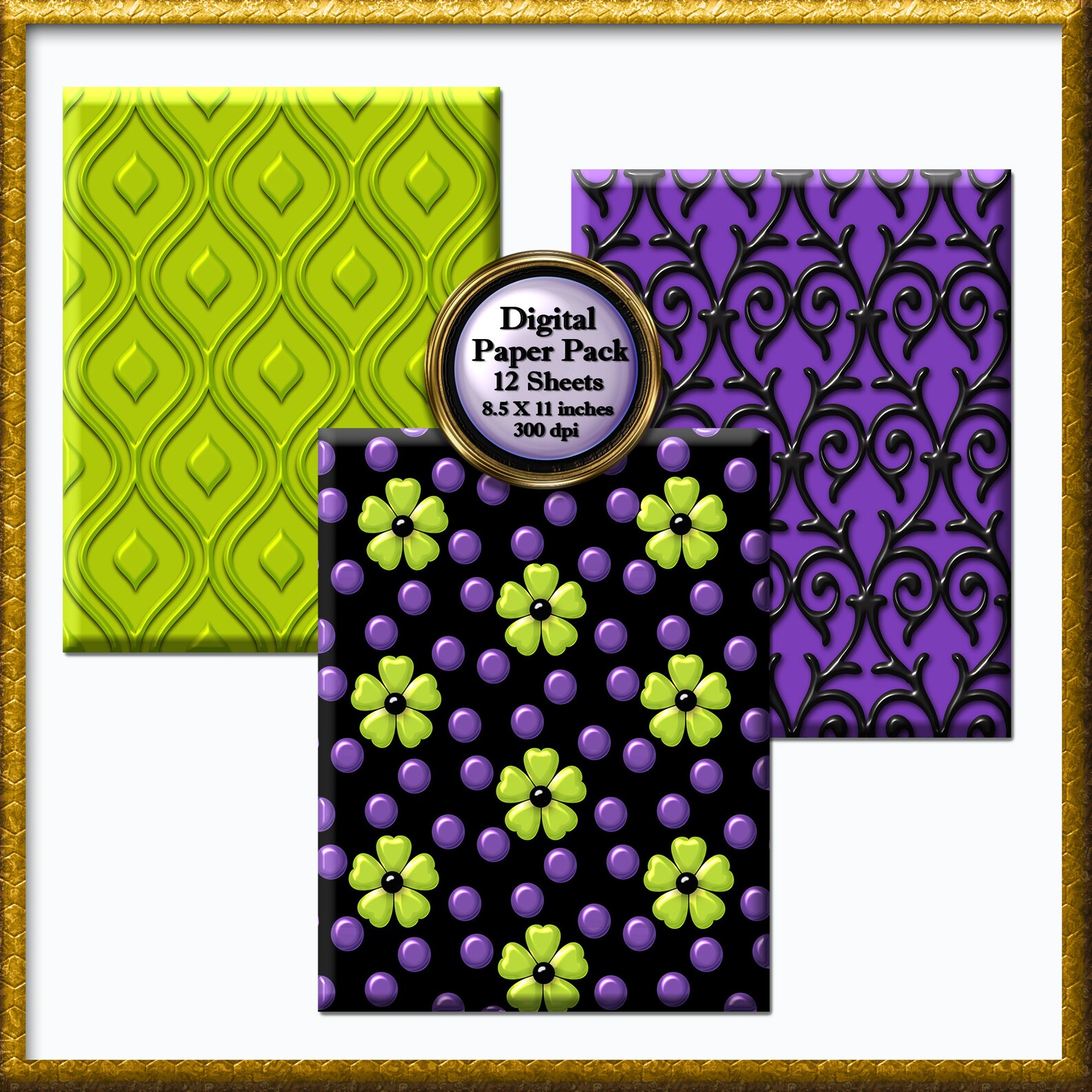 Digital Paper, Purple Lime Green Digital Paper, Printable Scrapbook ...
