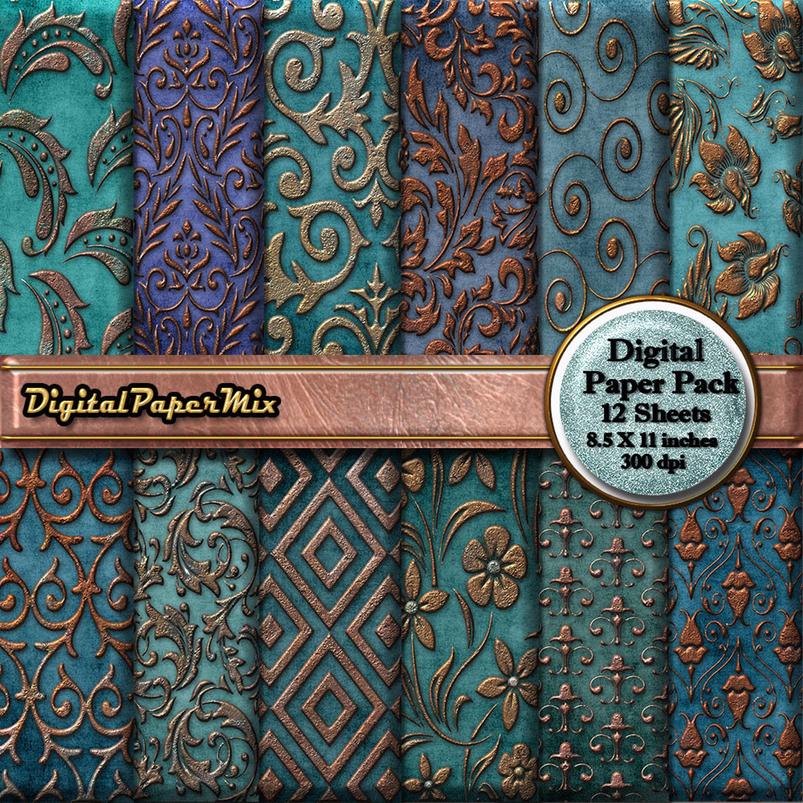 Copper Teal Digital Paper, Antique Copper Digital Paper Background ...