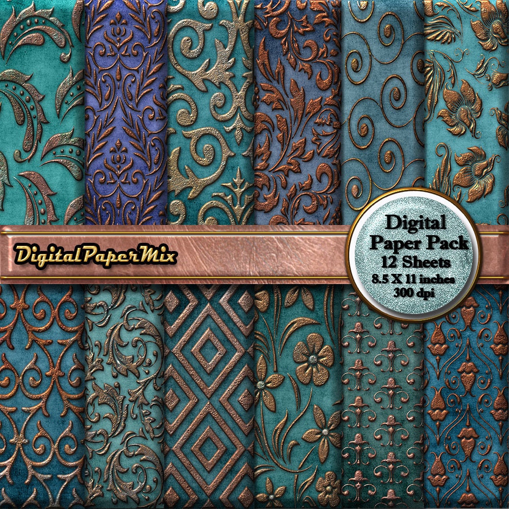 Copper Teal Digital Paper, Antique Copper Digital Paper Background ...