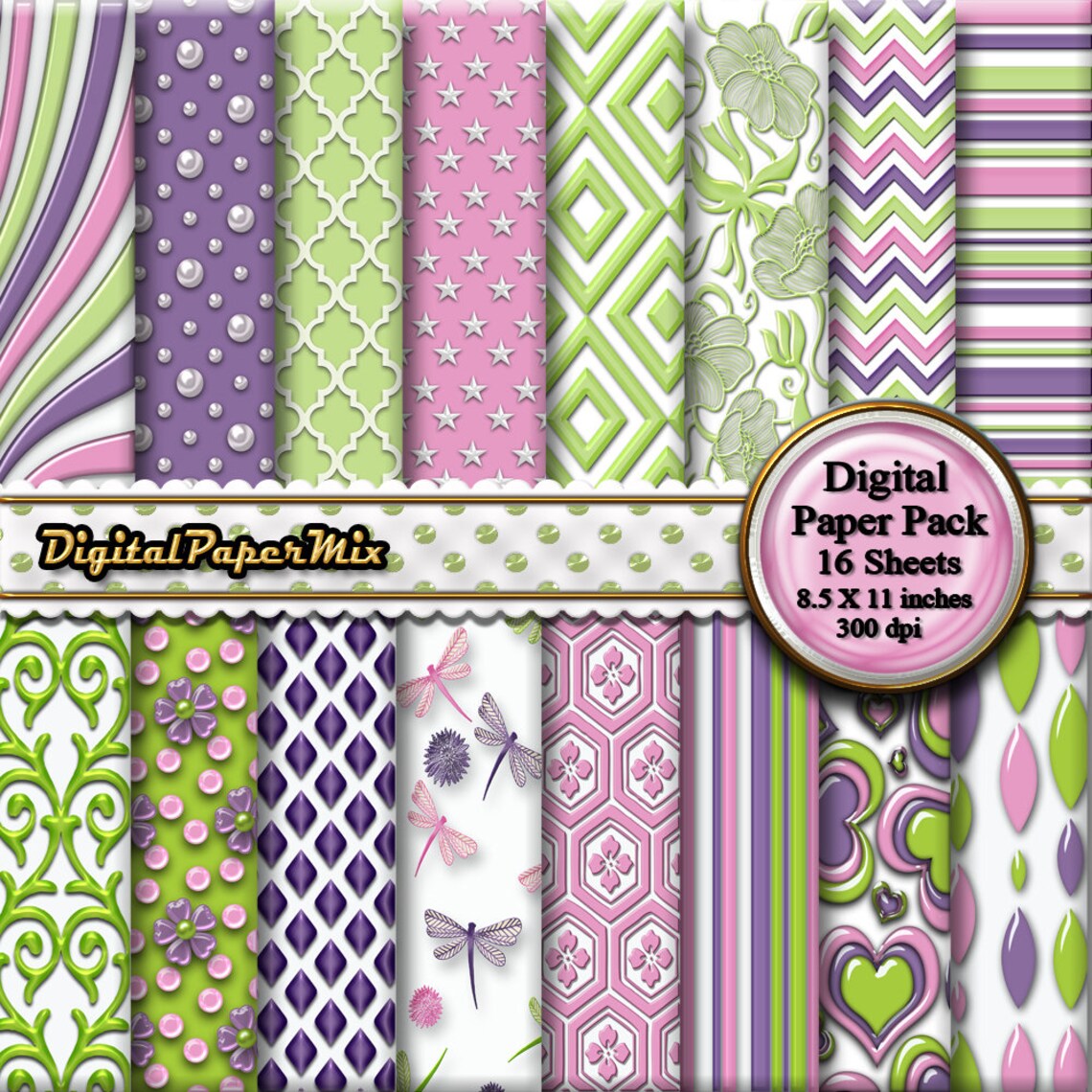Purple Green Digital Paper, Green Digital Paper Backgrounds, Purple ...