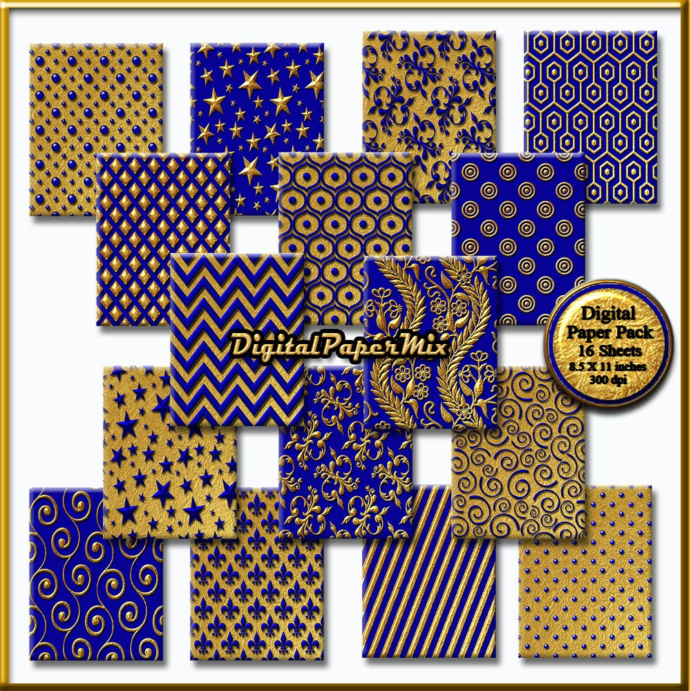 Gold Sapphire Blue Digital Paper, Digital Paper Backgrounds, Digital ...