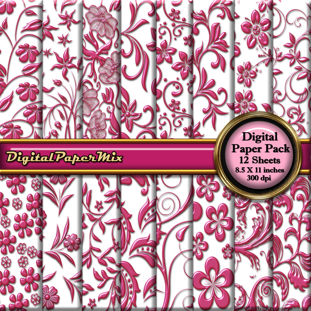 White Pink Digital Paper, Floral Digital Paper Background, White ...