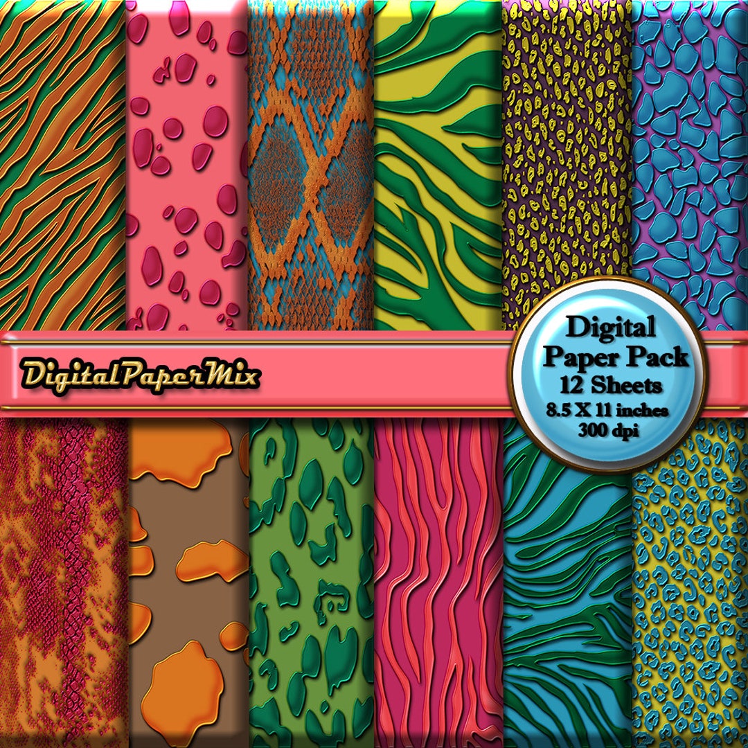 Animal Print Digital Paper, Green Pink Scrapbook Paper, Blue Orange ...
