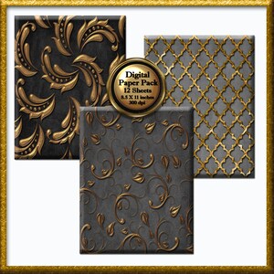 Digital Paper, Vintage Gray Gold Scrapbook Paper Pack, Embossed Floral ...