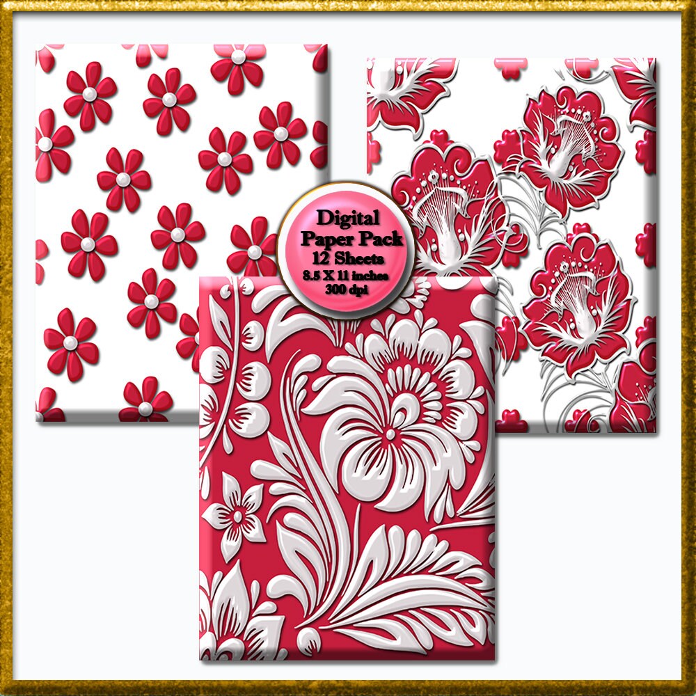 Digital Paper, Red White Floral Digital Paper, Red & White Digital ...