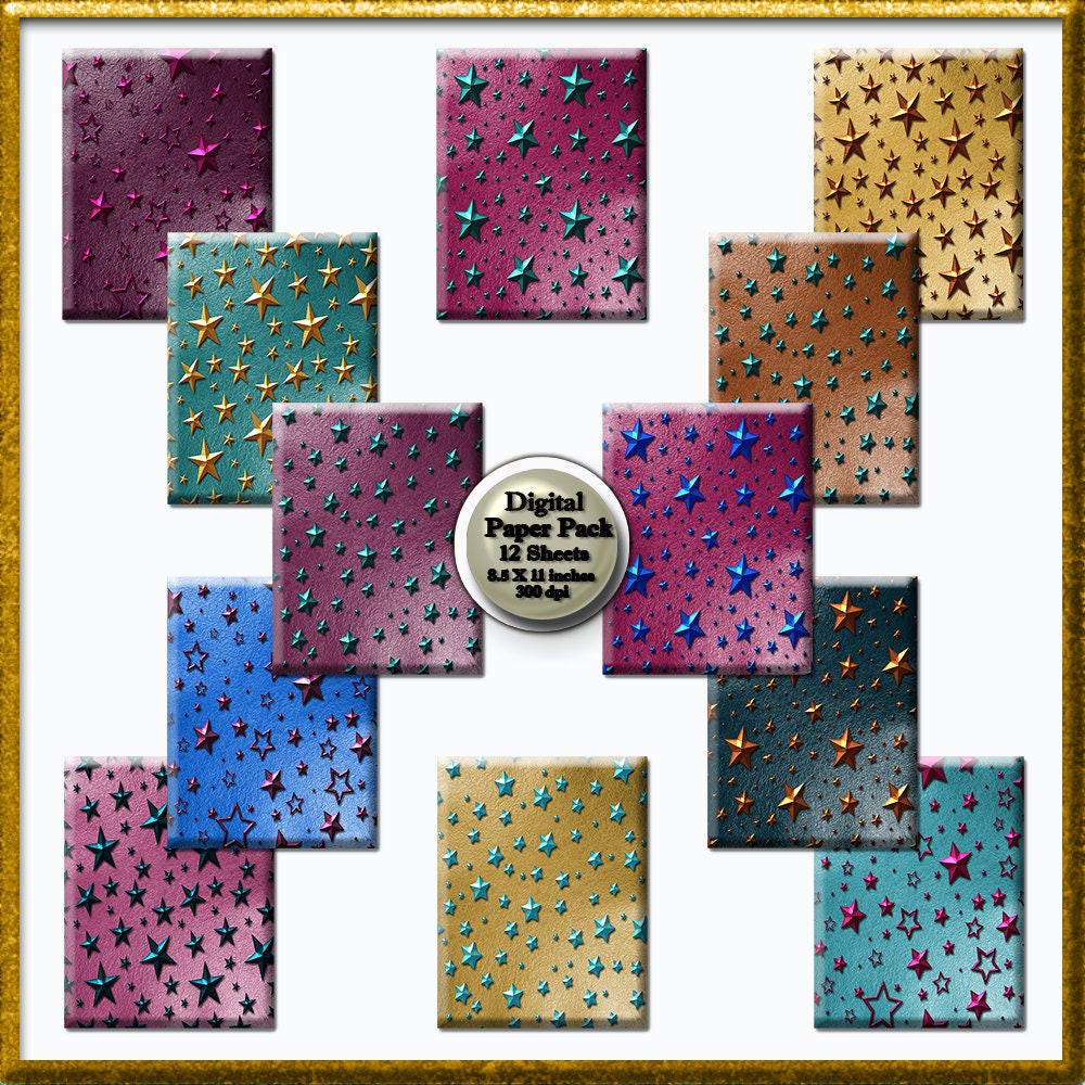 Digital Paper, Gold, Metallic Stars Gold Scrapbook Paper Pack, Embossed ...