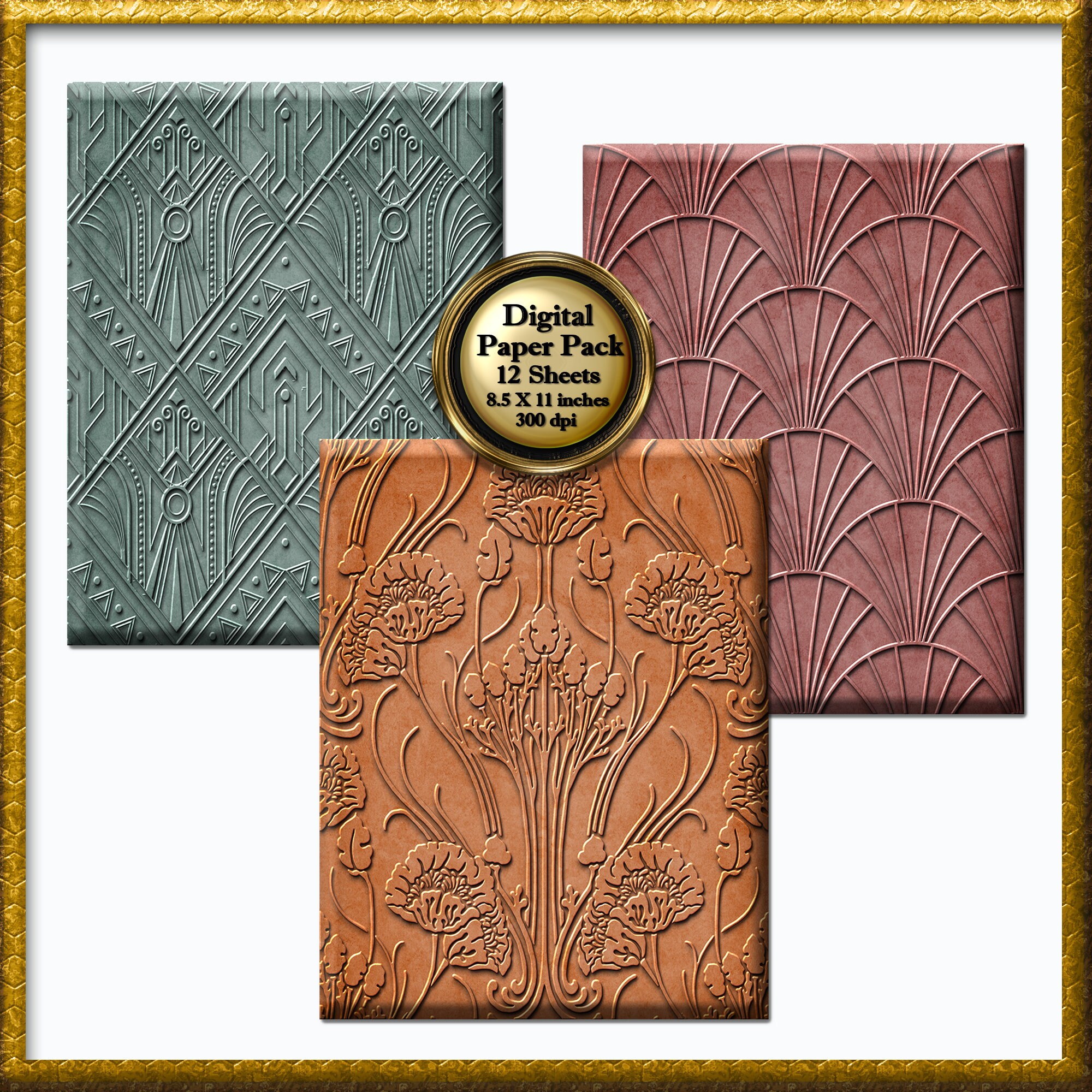 Vintage Digital Paper, Damask Art Deco Digital Paper Pack Background ...