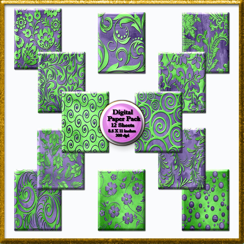 Digital Paper, Green Purple Digital Paper, Printable Scrapbook Paper ...