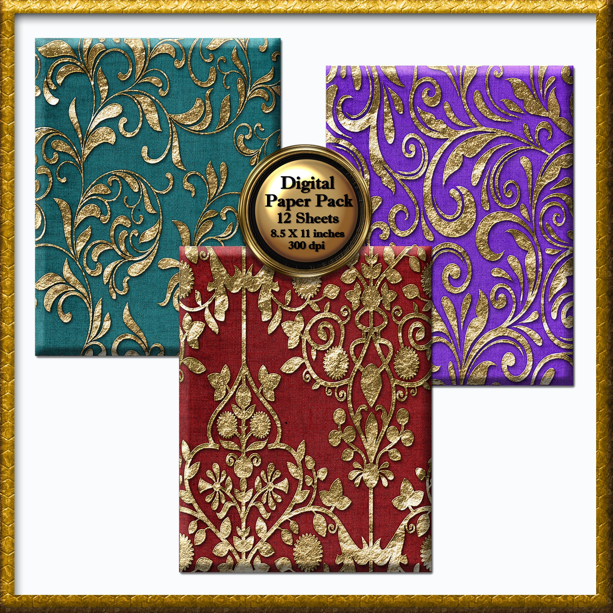 Digital Paper, Multi Color Gold Scrapbook Paper Pack, Floral Gold ...