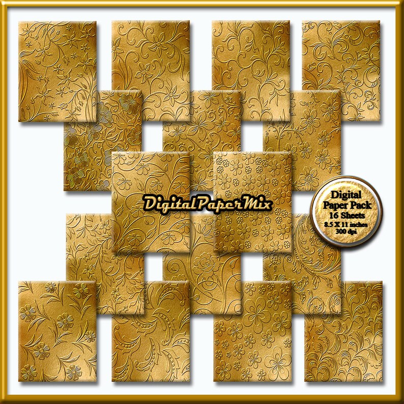 Gold Embossed Digital Paper, Gold Digital Paper Backgrounds, Printable ...