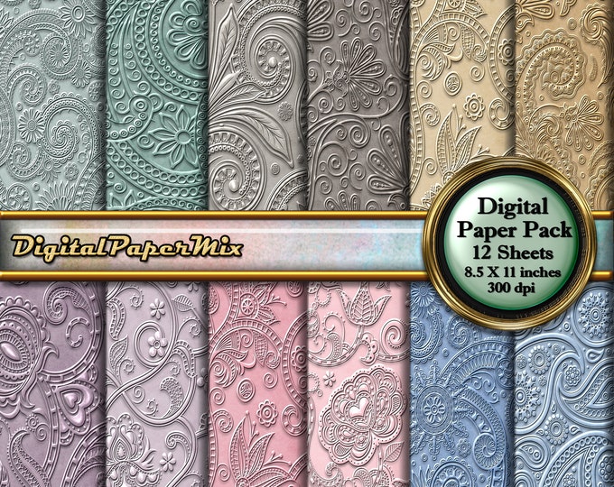Vintage Digital Paper, Damask Floral Digital Paper Pack Background ...