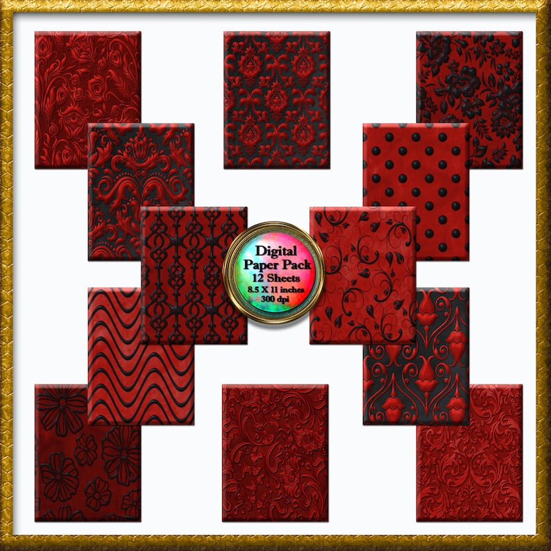 Digital Paper, Red Black Damask Digital Paper, Red & Black Digital ...