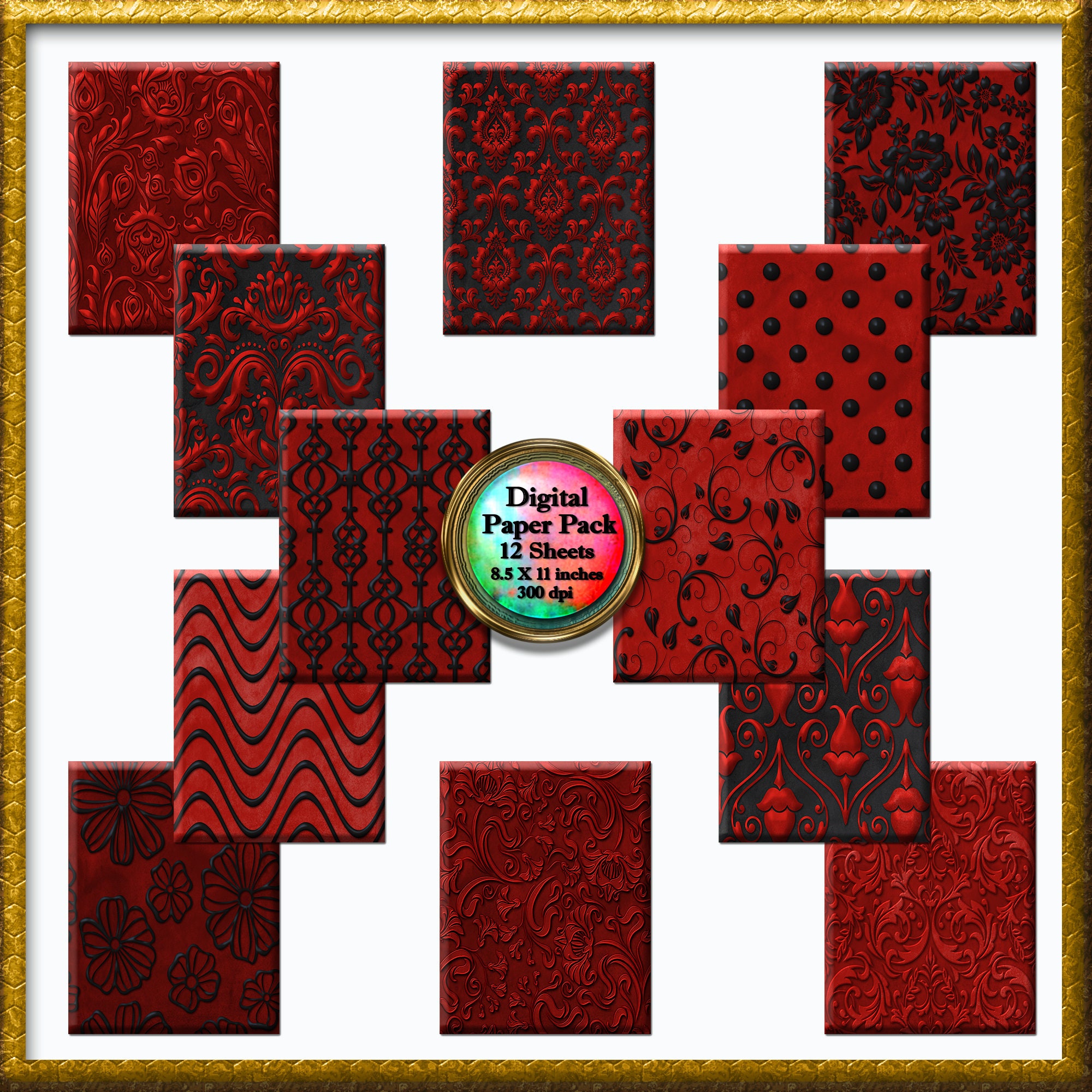 Digital Paper, Red Black Damask Digital Paper, Red & Black Digital ...