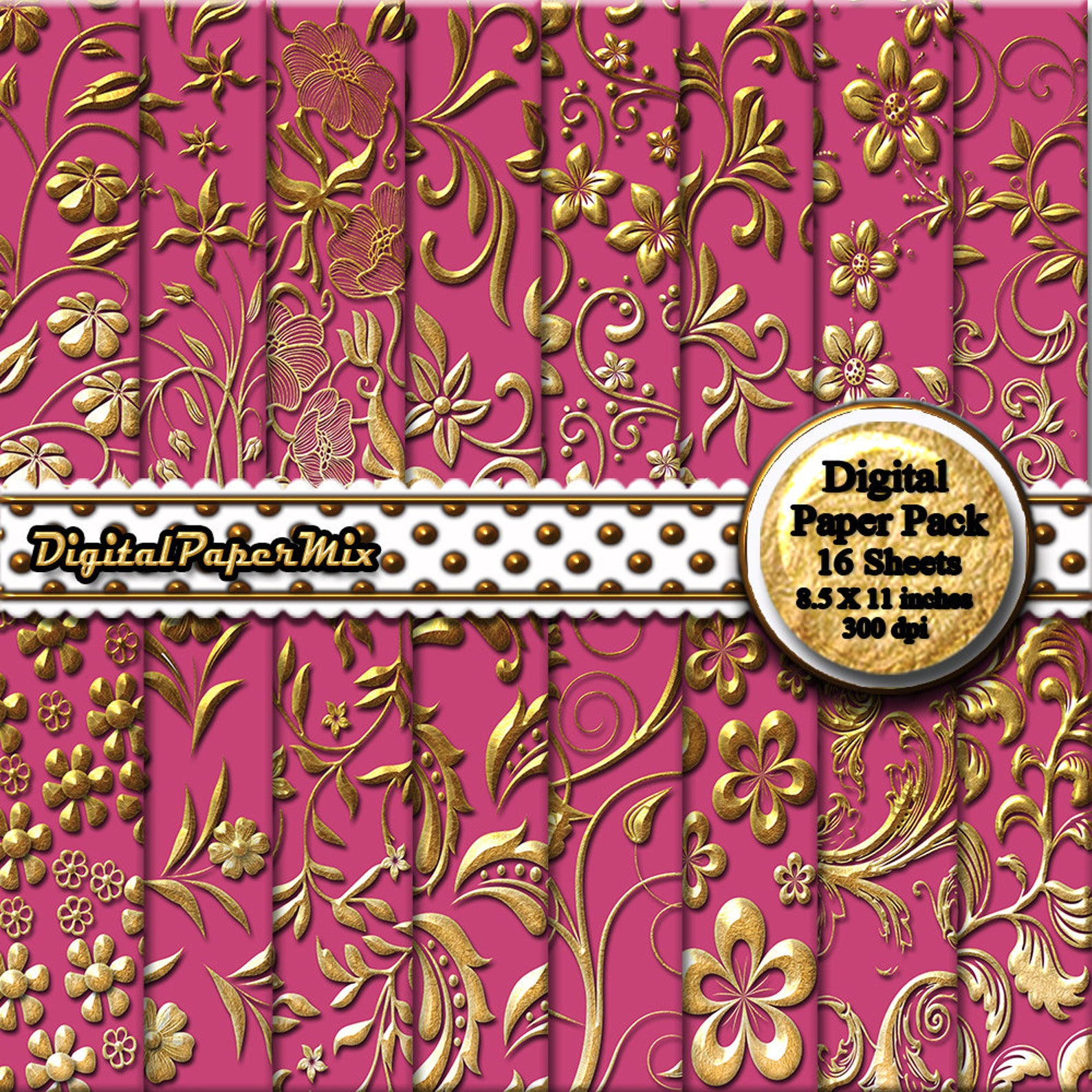 Pink Gold Digital Paper, Gold Digital Paper Patterns, Pink Gold Floral ...