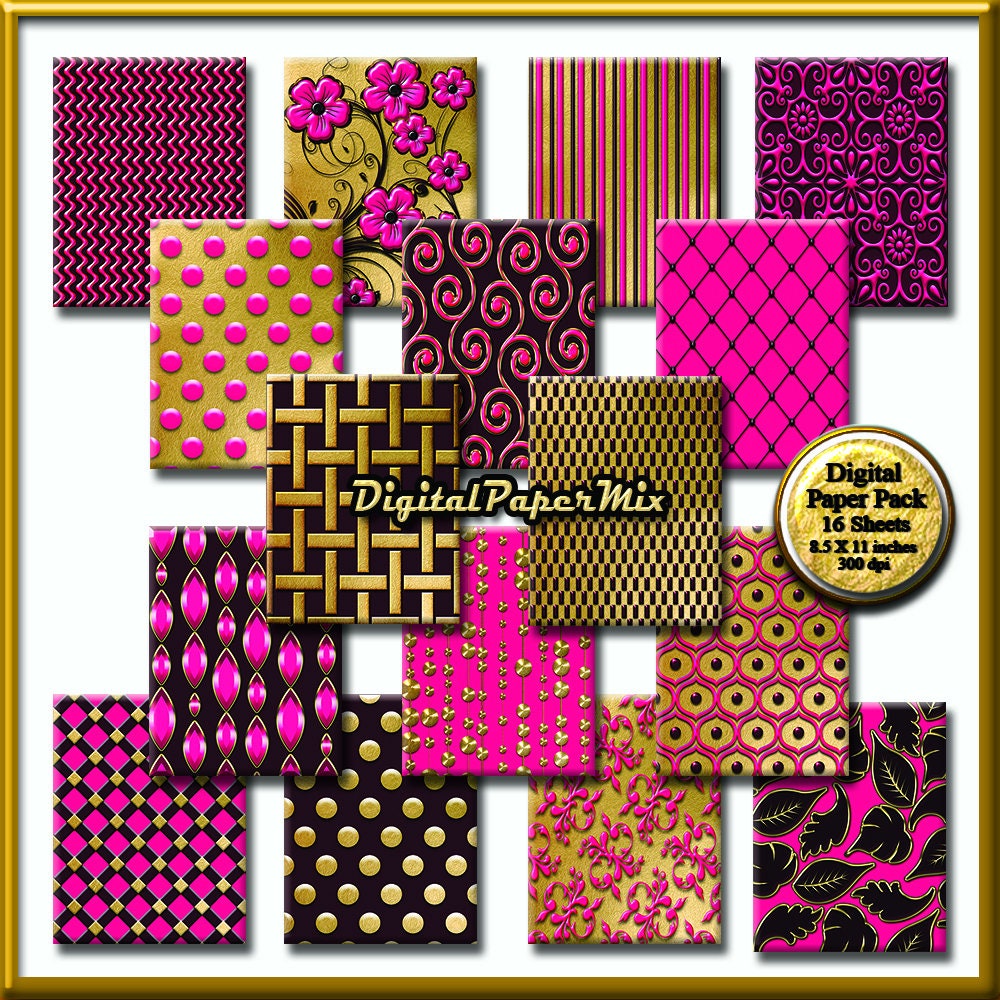 Hot Pink Gold Digital Paper, Embossed Digital Paper Backgrounds ...