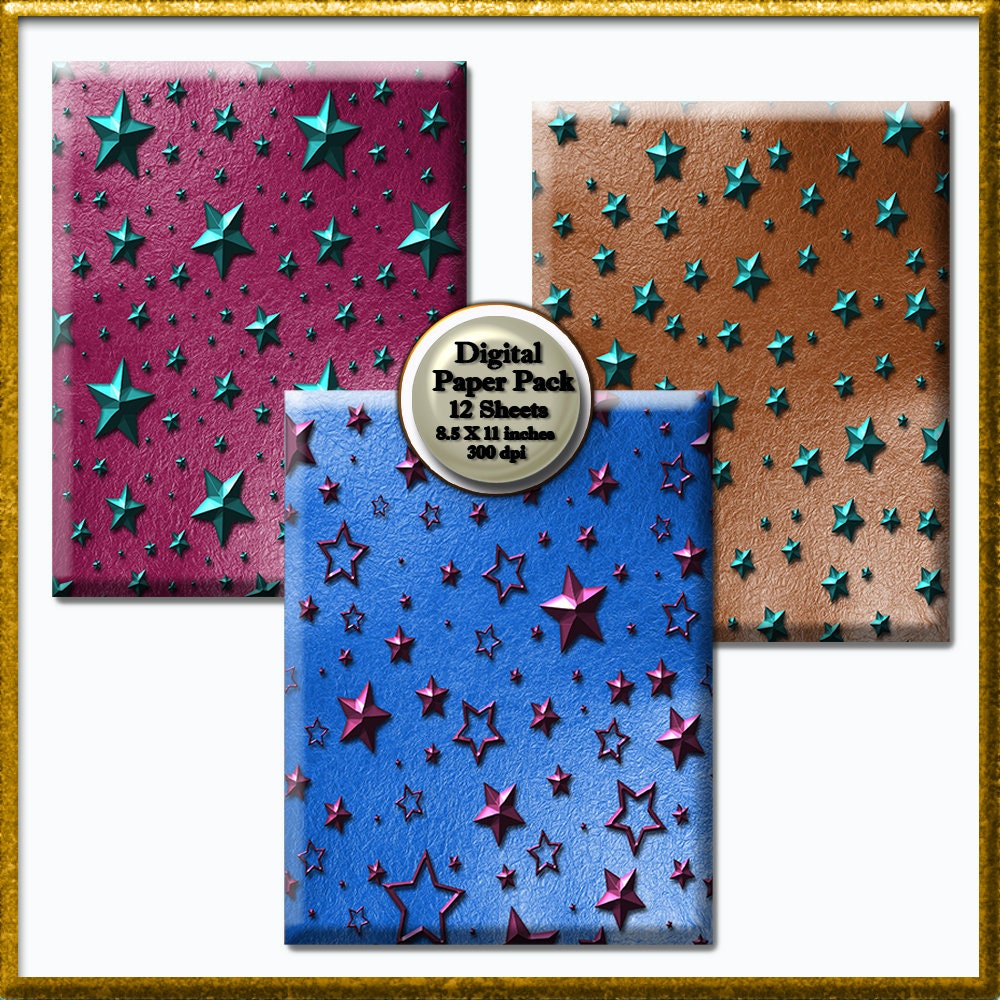 Digital Paper, Gold, Metallic Stars Gold Scrapbook Paper Pack, Embossed ...