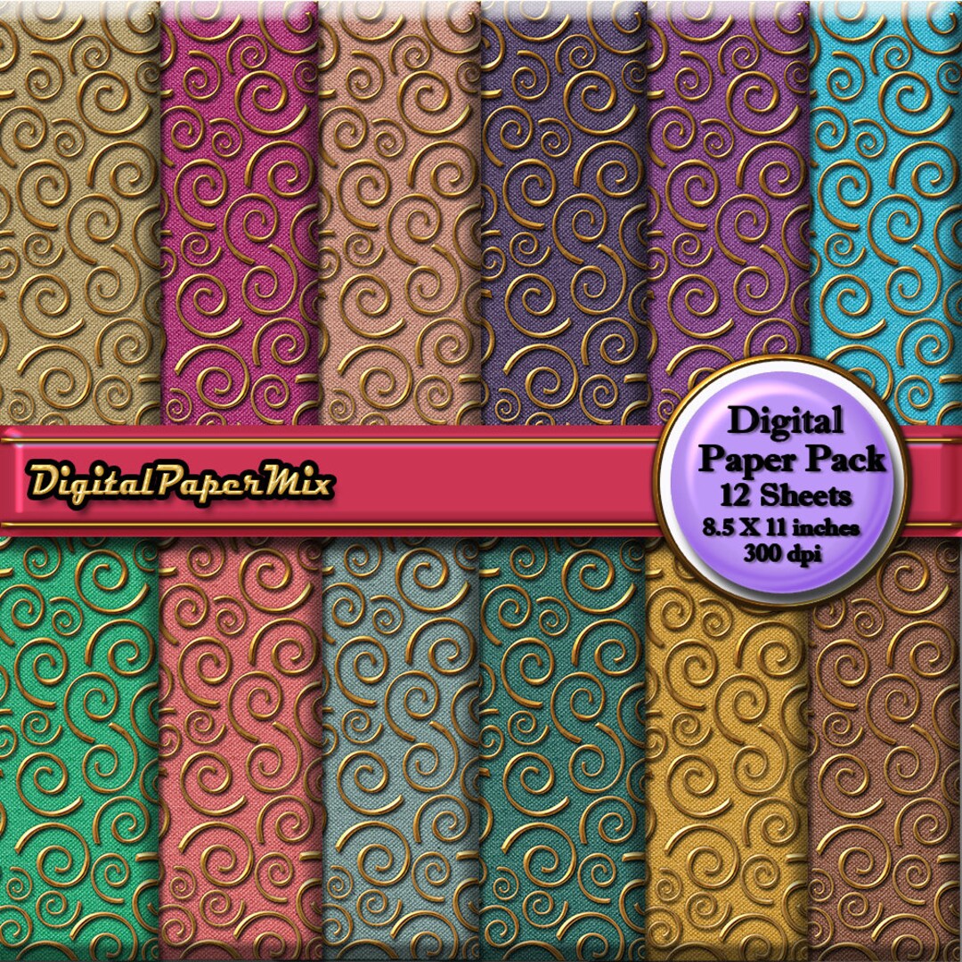 Swirl Gold Digital Paper, Gold Scrapbook Paper Pack, Embossed Swirl ...