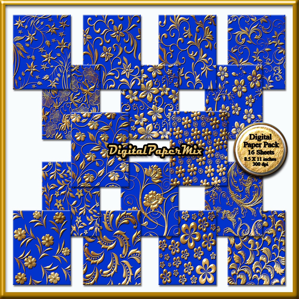 Royal Blue Gold Digital Paper, Gold Digital Paper Patterns, Blue Gold ...