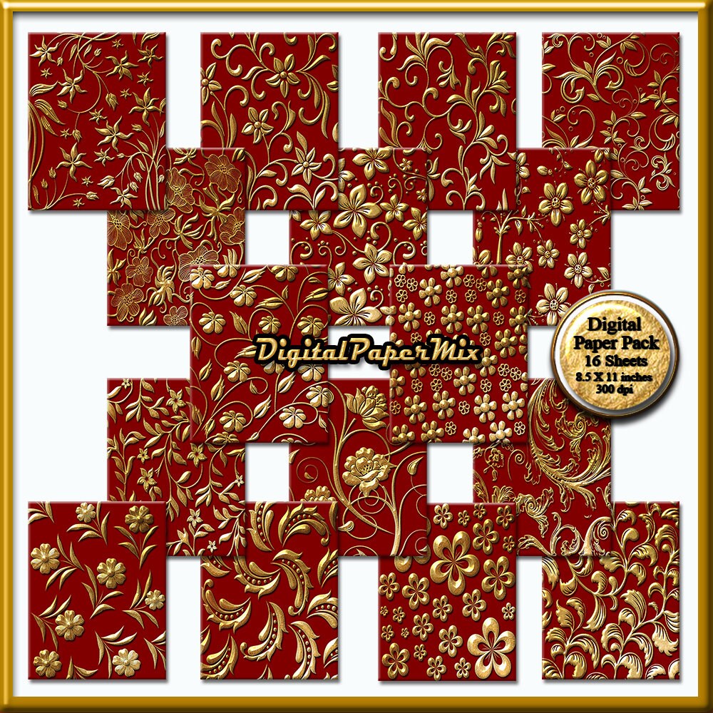 Maroon Gold Digital Paper, Gold Digital Paper Patterns, Maroon Gold ...