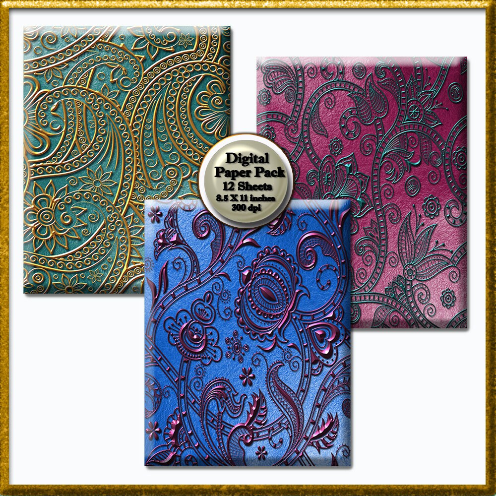 12 Metallic Damask Digital Paper Gold Scrapbook Paper Pack, Embossed ...