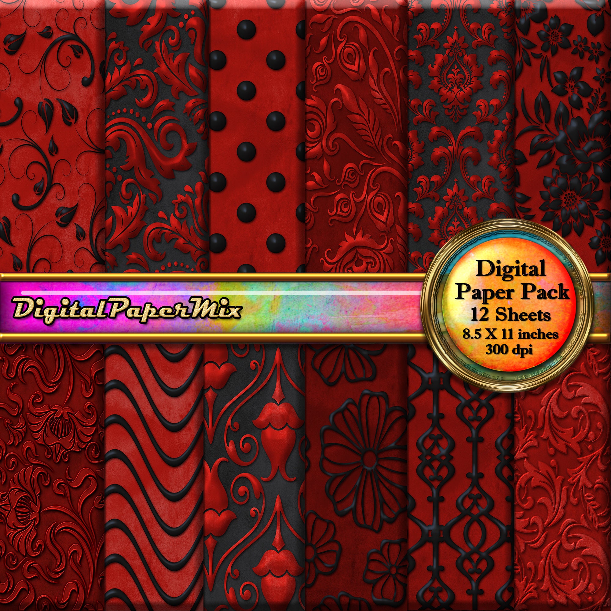 Digital Paper, Red Black Damask Digital Paper, Red & Black Digital ...