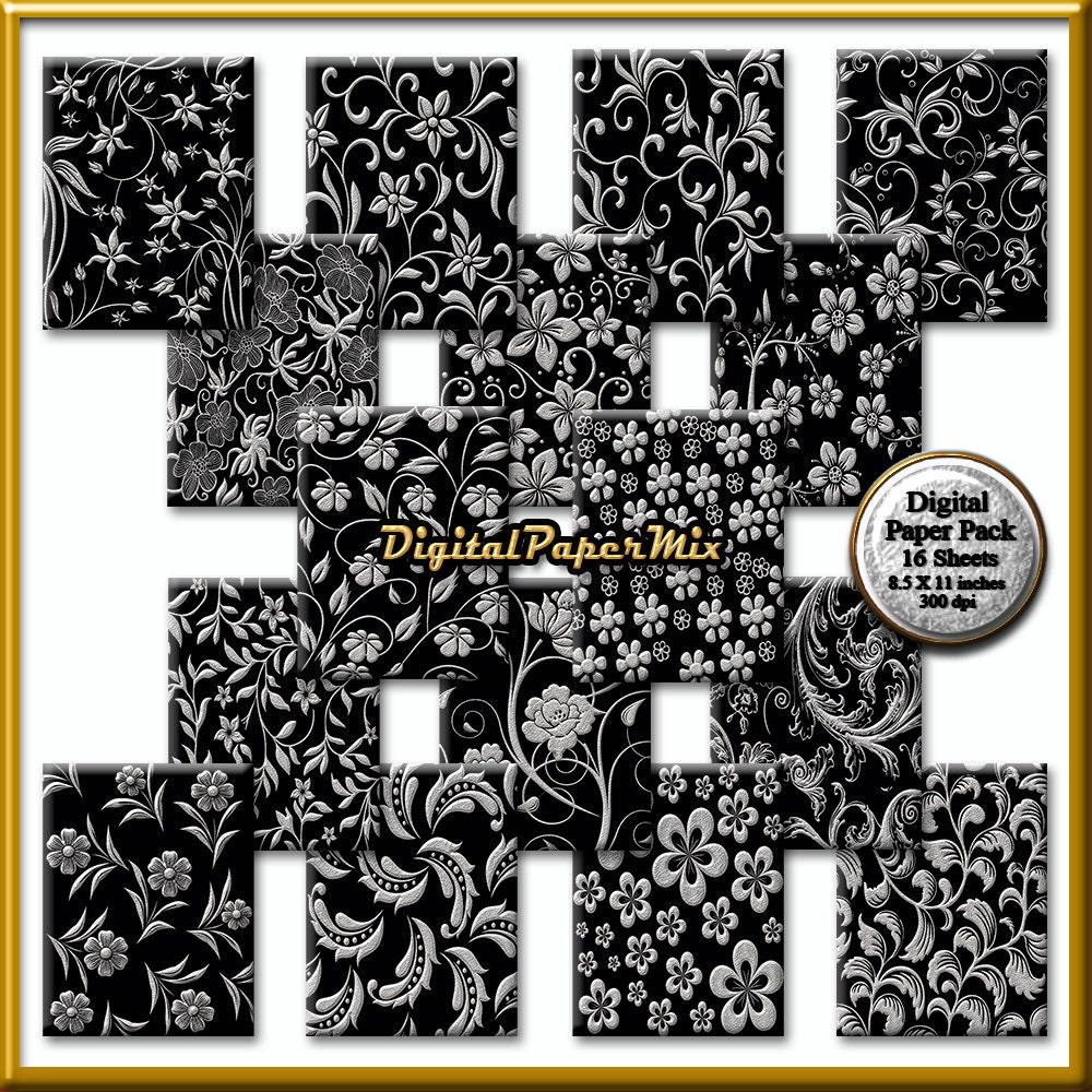 Black Silver Digital Paper, Floral Digital Paper Backgrounds, Printable ...