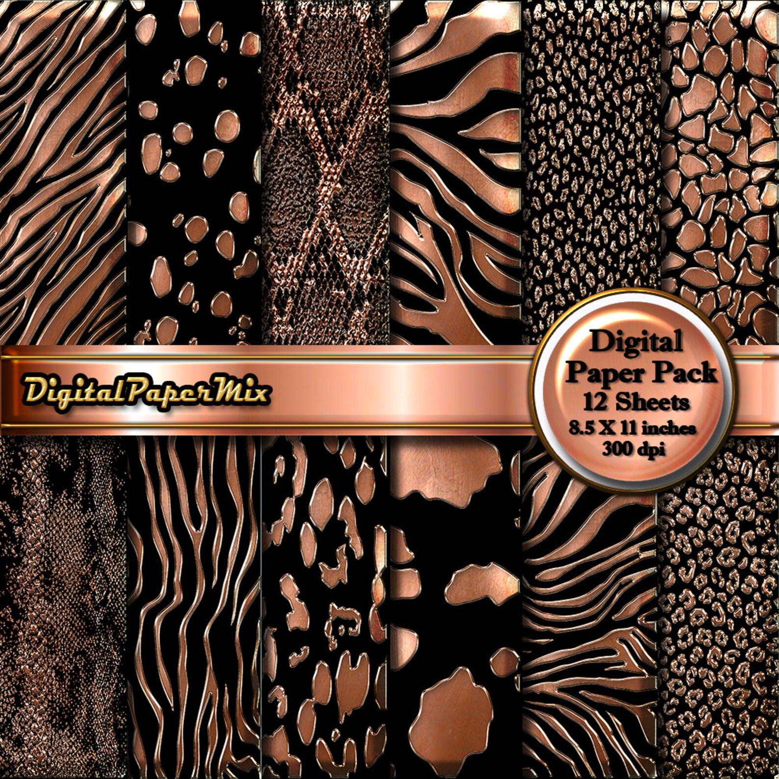 Animal Print Digital Paper, Copper Black Scrapbook Paper, Metallic ...