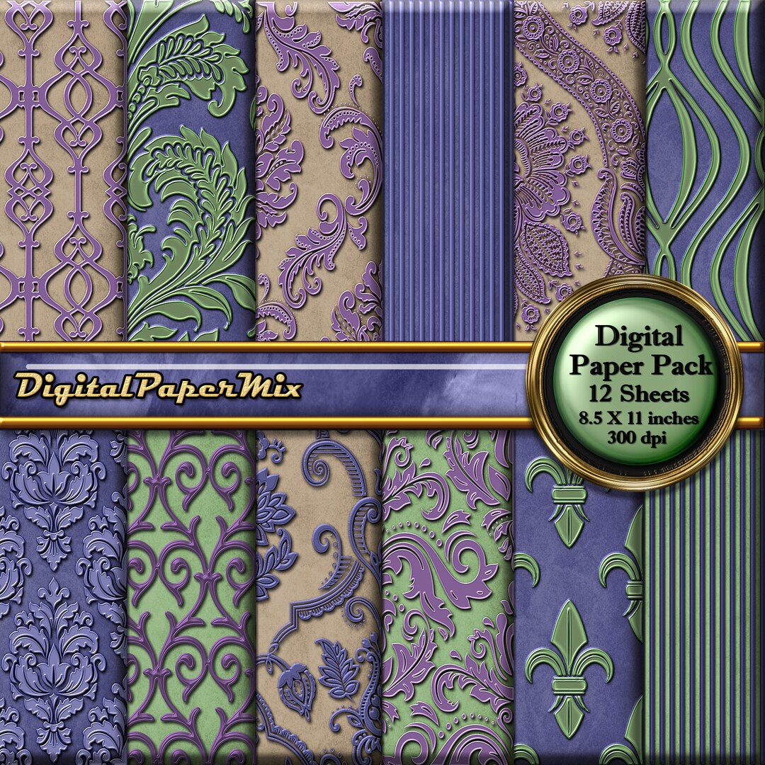Vintage Digital Paper, Purple Green Digital Paper Pack Background ...