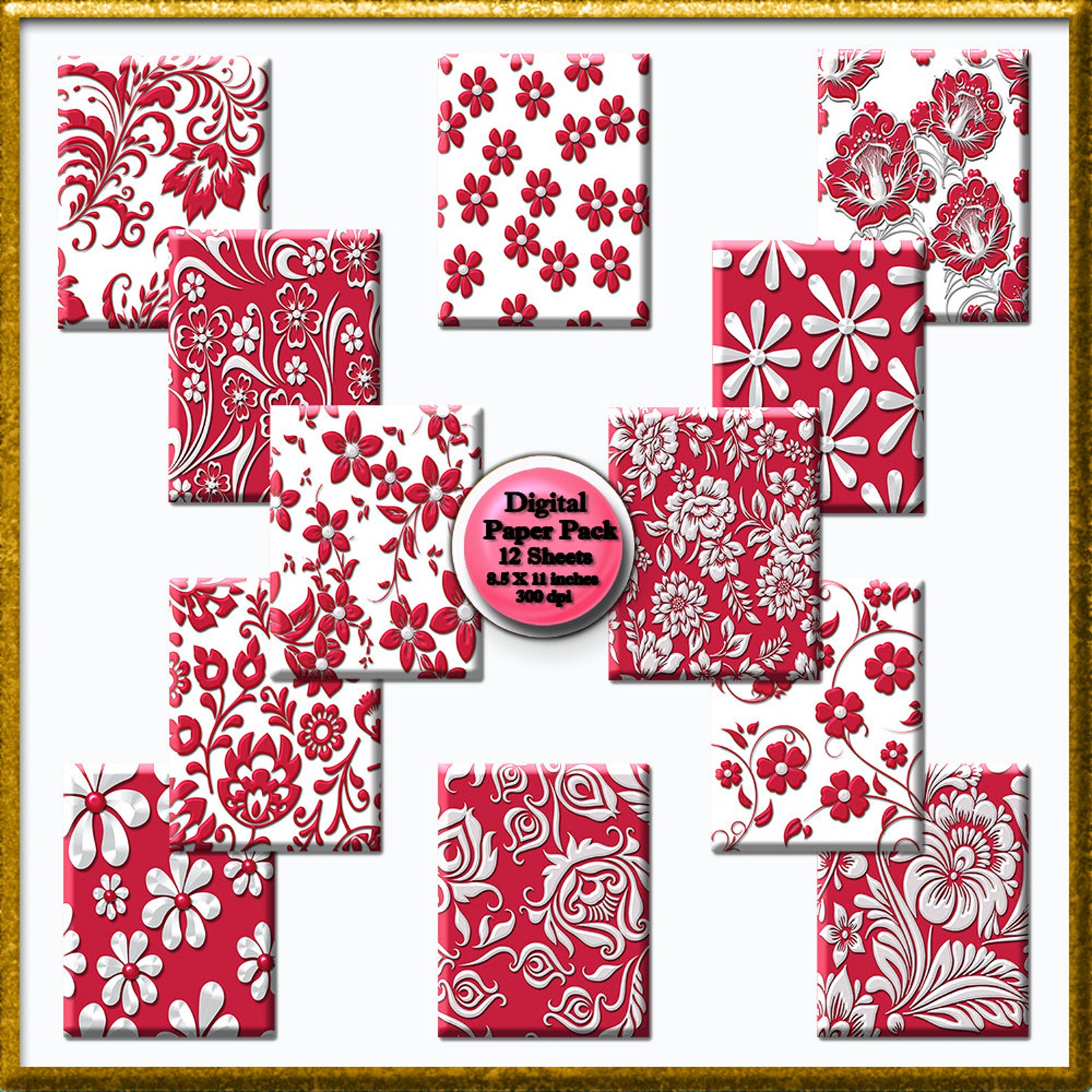 Digitales Papier, Rot Weiß FloralEs Digitales Papier, Rot & Weiß ...