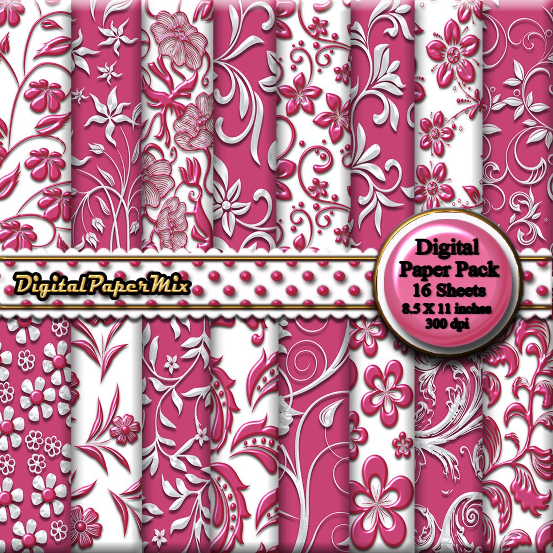 White Pink Digital Paper Floral Digital Paper Background - Etsy