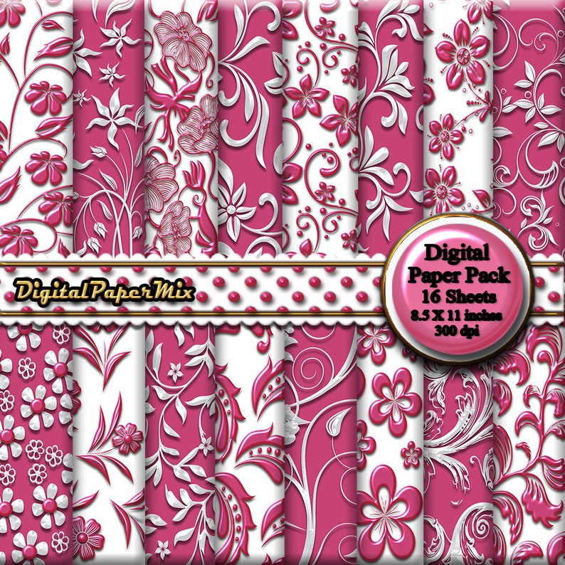 White Pink Digital Paper, Floral Digital Paper Background, White ...