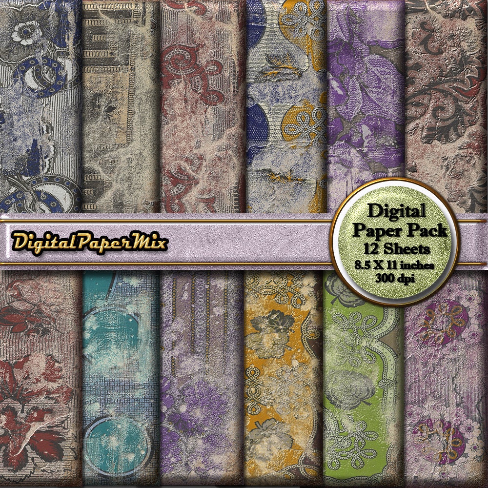 12 Digital Paper, Vintage Grunge Floral Digital Paper, Junk Journal ...