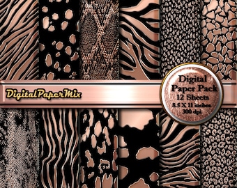 Animal Print Digital Paper, Gold Black Scrapbook Paper, Metallic Gold ...
