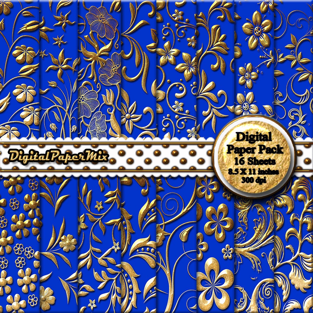 Royal Blue Gold Digital Paper, Gold Digital Paper Patterns, Blue Gold ...