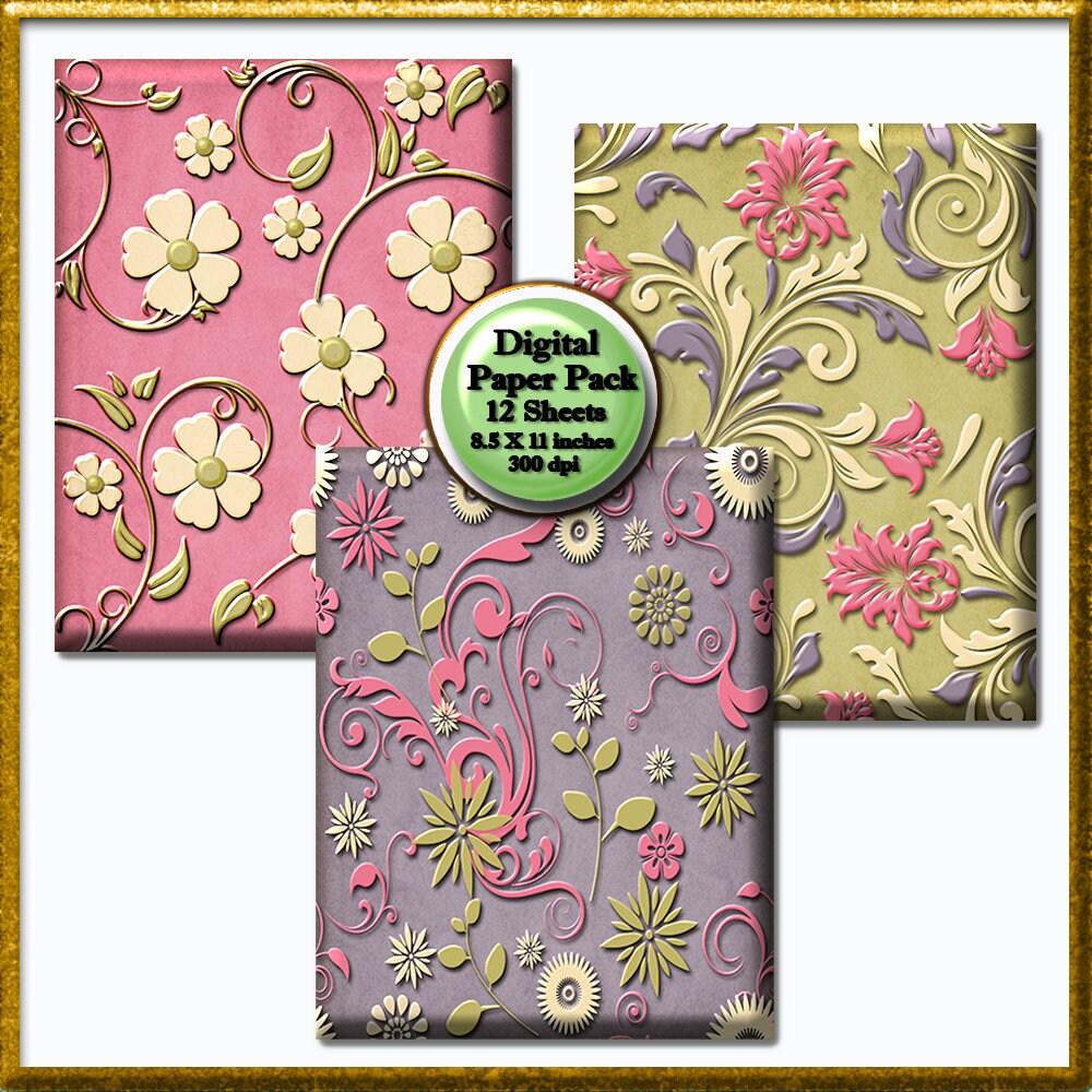 Digital Paper, Vintage Pink Green Scrapbook Paper Pack, Embossed Pink ...