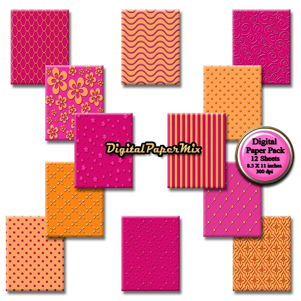 Pink Orange Digital Paper, Pink Digital Paper Backgrounds, Orange ...