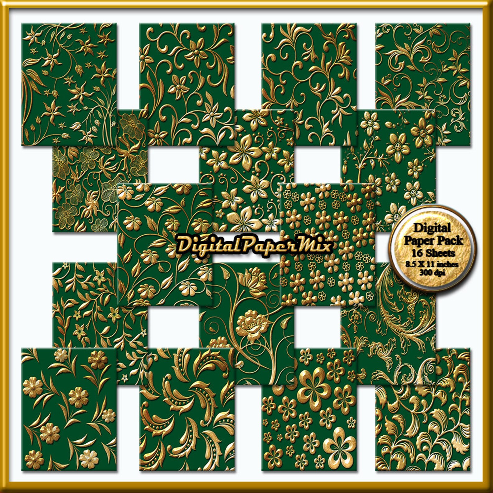 Gold Hunter Green Digital Paper, Gold Digital Paper Backgrounds, Gold ...