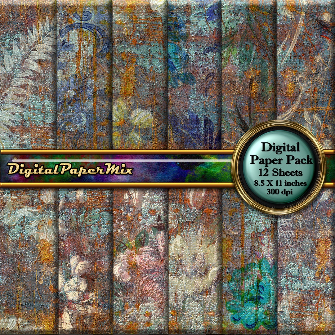 Rust Digital Paper, Distressed Floral Rust Scrapbook Paper Pack ...