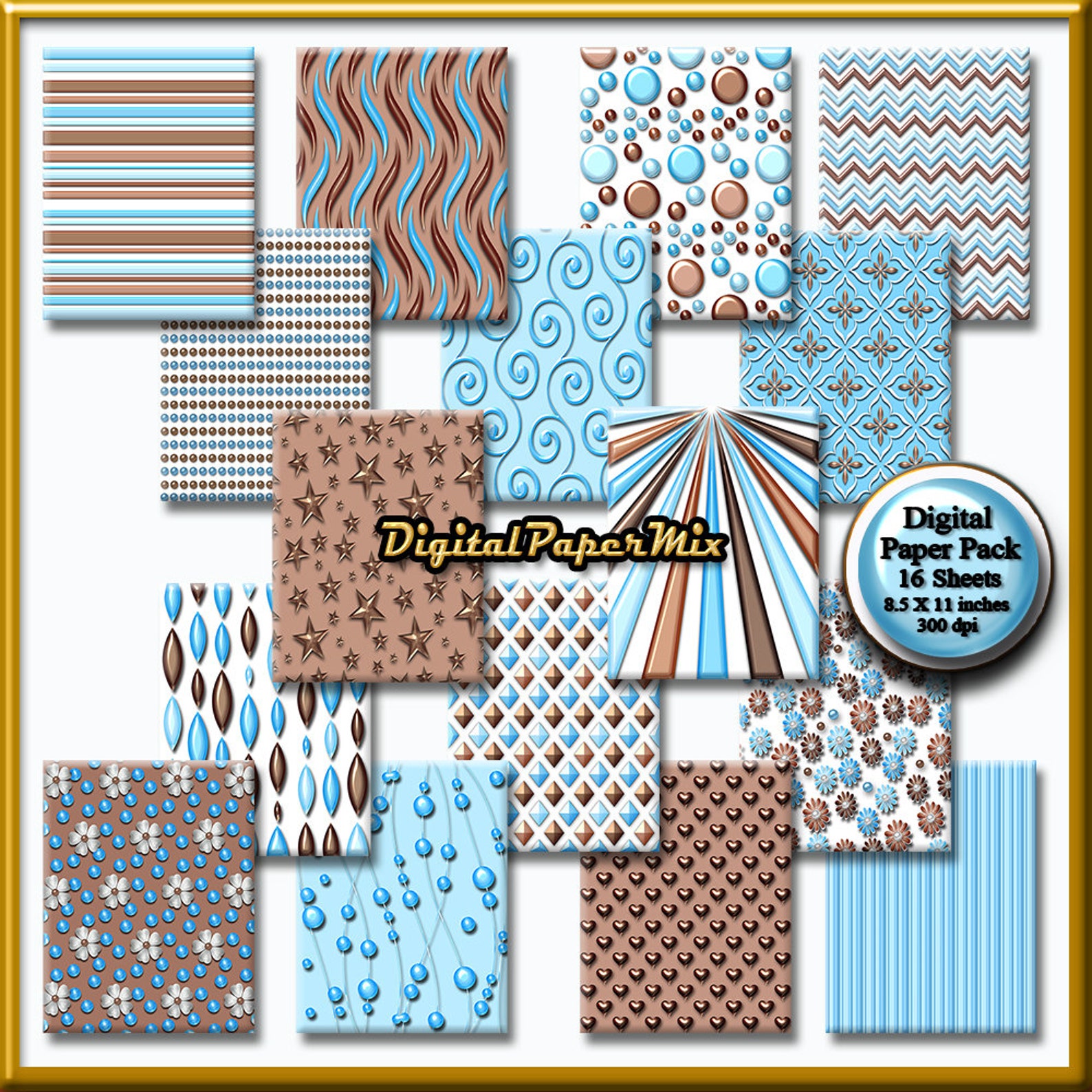 Brown Light Blue Digital Paper, Embossed Digital Paper, Digital ...