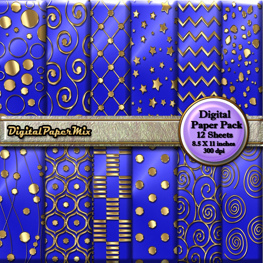 Blue Gold Digital Paper, Gold Scrapbook Paper, Metallic Gold Scrapbook ...