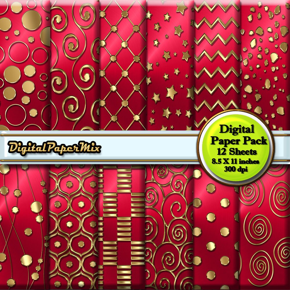 Red Gold Digital Paper, Gold Scrapbook Paper Pack, Embossed Red ...