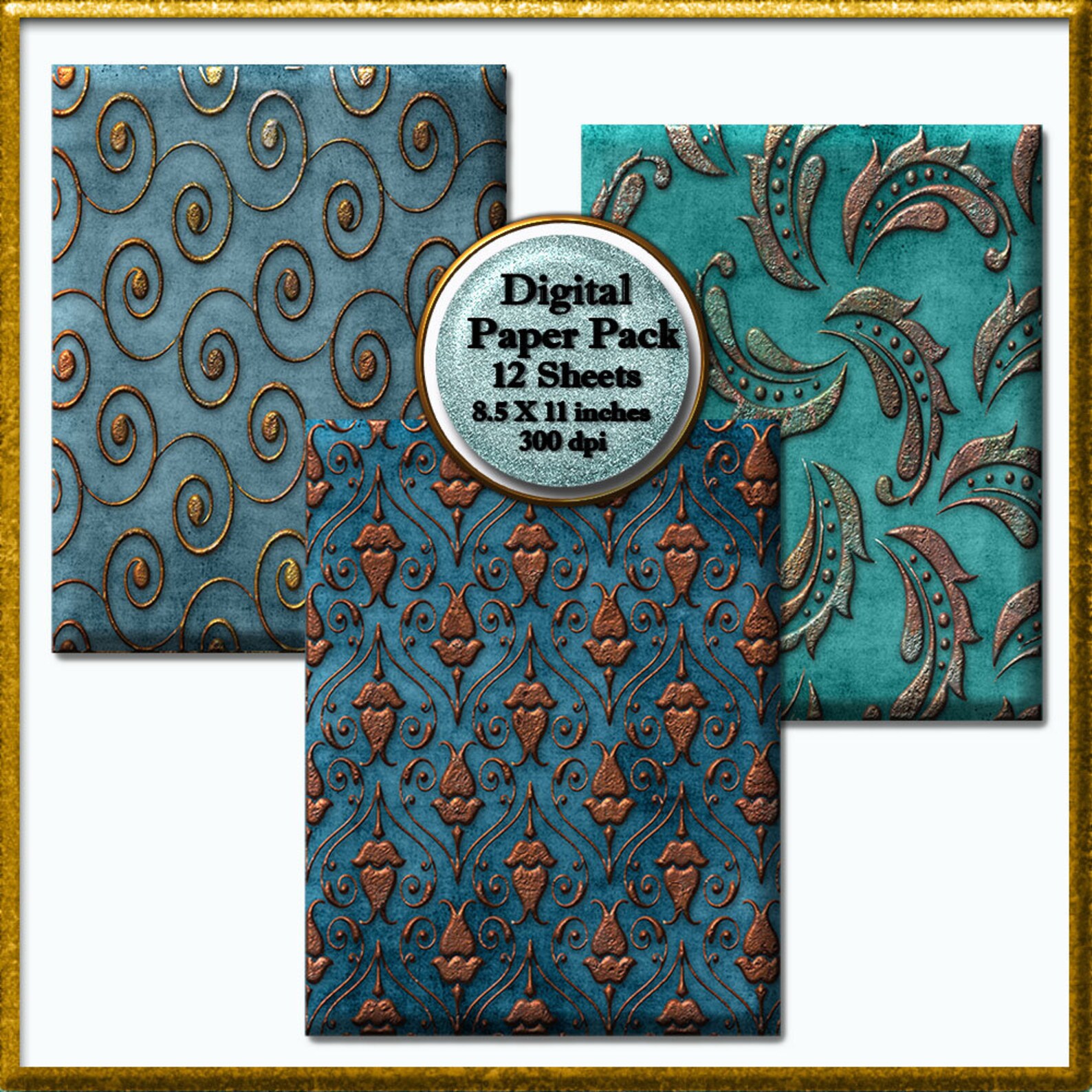 Copper Teal Digital Paper, Antique Copper Digital Paper Background ...