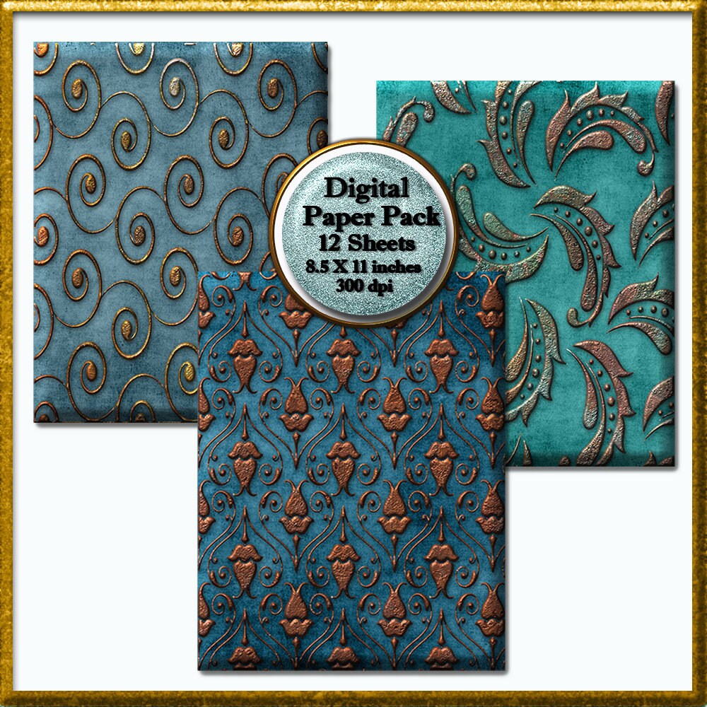 Copper Teal Digital Paper, Antique Copper Digital Paper Background ...