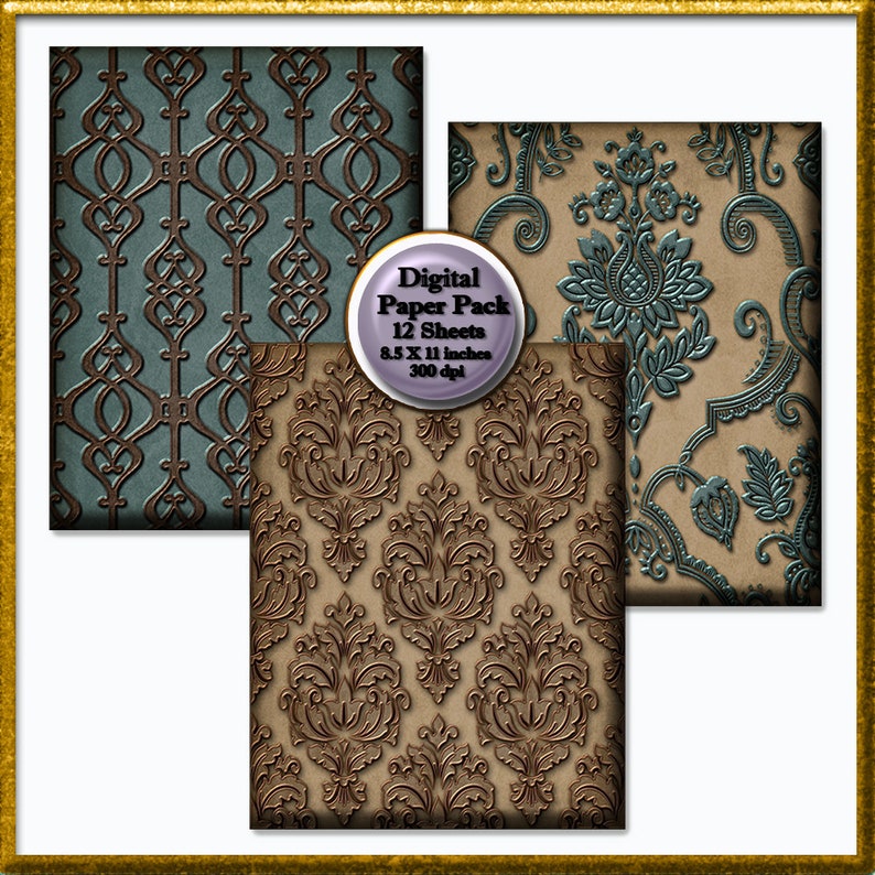 Vintage Digital Paper, Tan Teal Digital Paper Pack Background ...