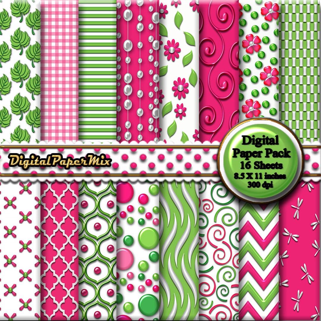 Pink Green Digital Paper, Pink Floral Digital Paper Backgrounds, Pink ...