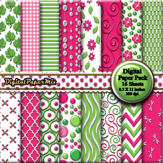 Pink Green Digital Paper Pink Floral Digital Paper - Etsy