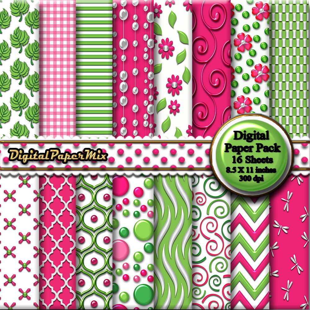Pink Green Digital Paper, Pink Floral Digital Paper Backgrounds, Pink ...