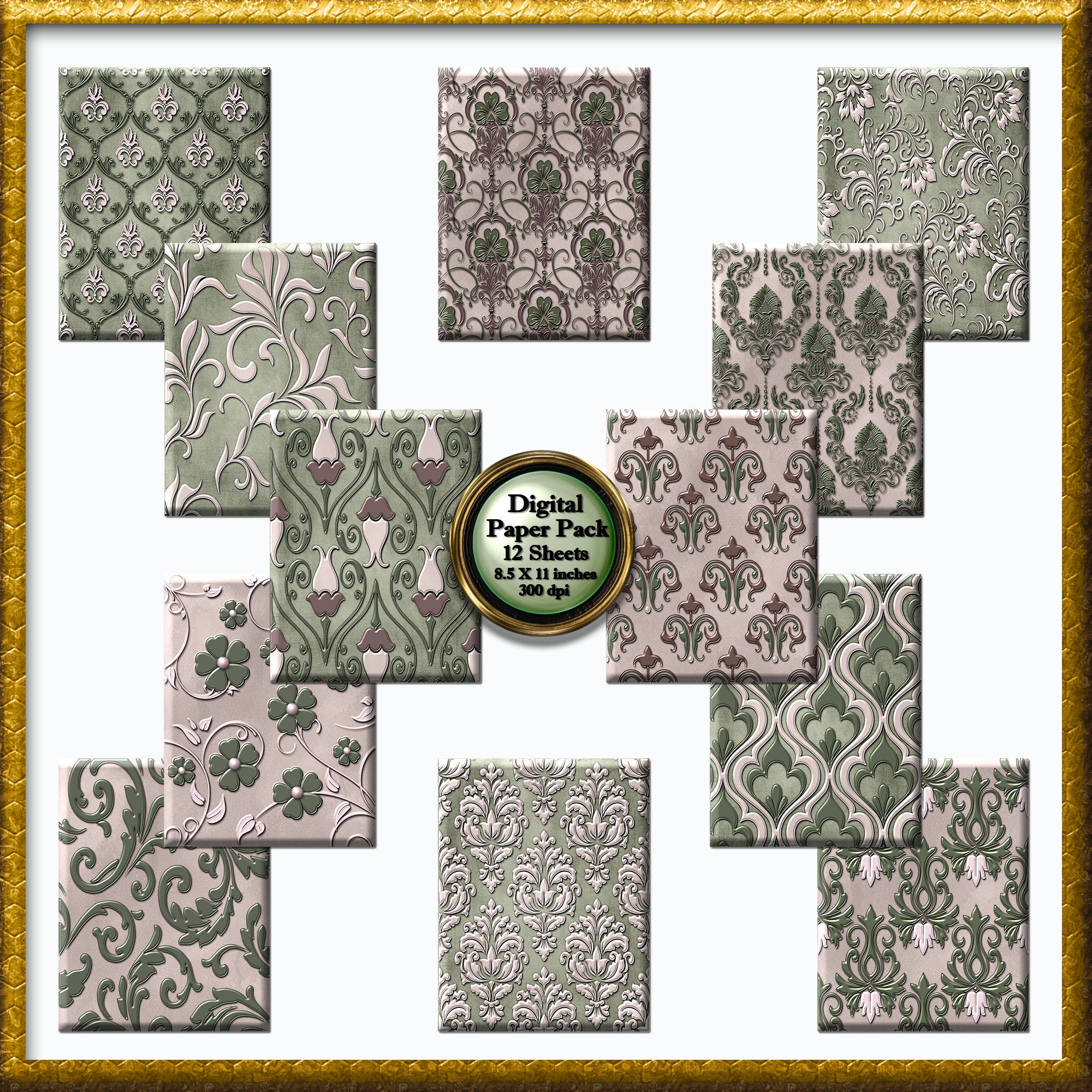 Vintage Digital Paper, Green Beige Digital Paper Pack, Background ...