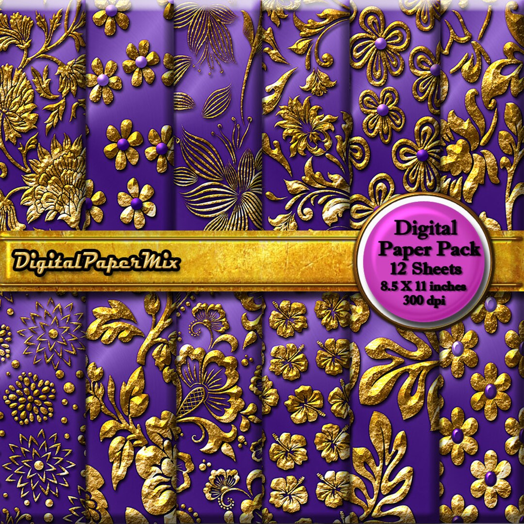 Purple Gold Digital Paper, Gold Scrapbook Paper, Embossed Metallic Gold ...