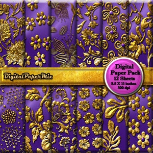 Purple Gold Digital Paper, Gold Scrapbook Paper, Embossed Metallic Gold ...